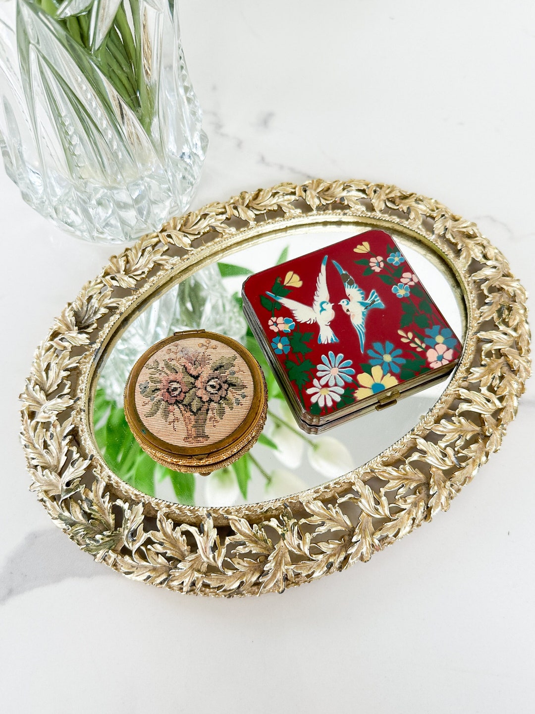 Mid Century Makeup Compact Cases: Round Needlepoint Blush Compact or ...
