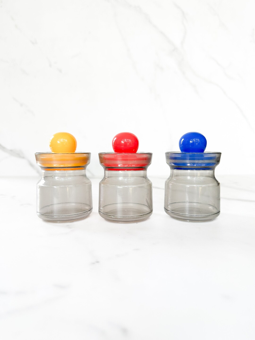 Vintage Plastic Storage Jars With Colorful Lids, Smokey Grey Container ...