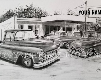 Chevy Pickup Truck Junk Yard Customized Pencil Drawing Print - Etsy