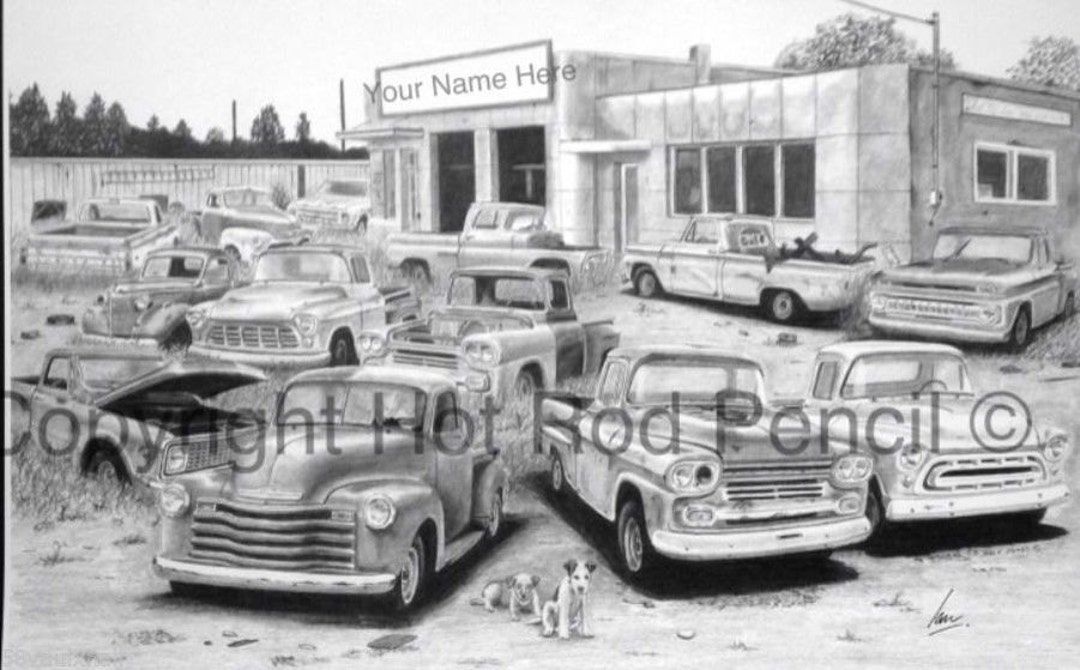 Chevy Pickup Truck Junk Yard Customized Pencil Drawing Print - Etsy