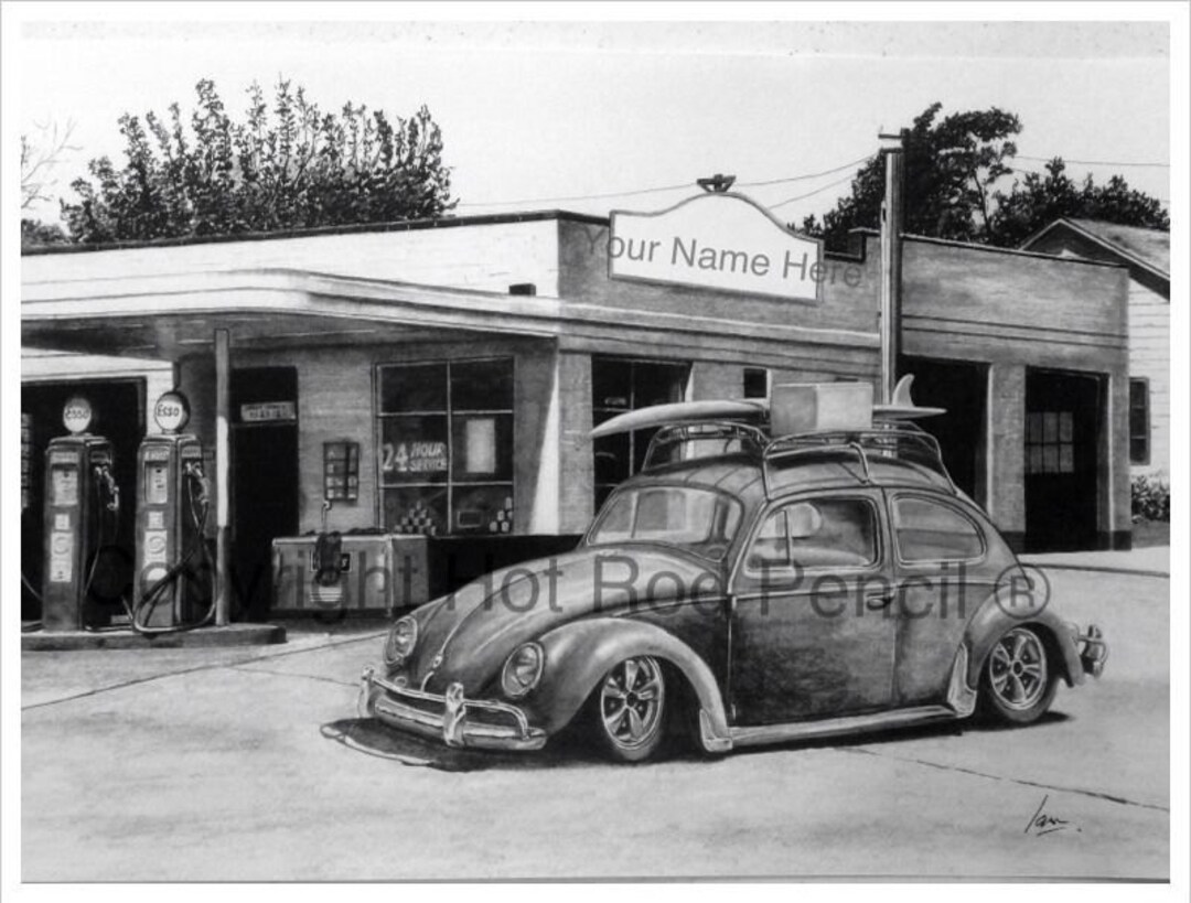 VW Surfer Beetle Customized Pencil Drawing Print - Etsy