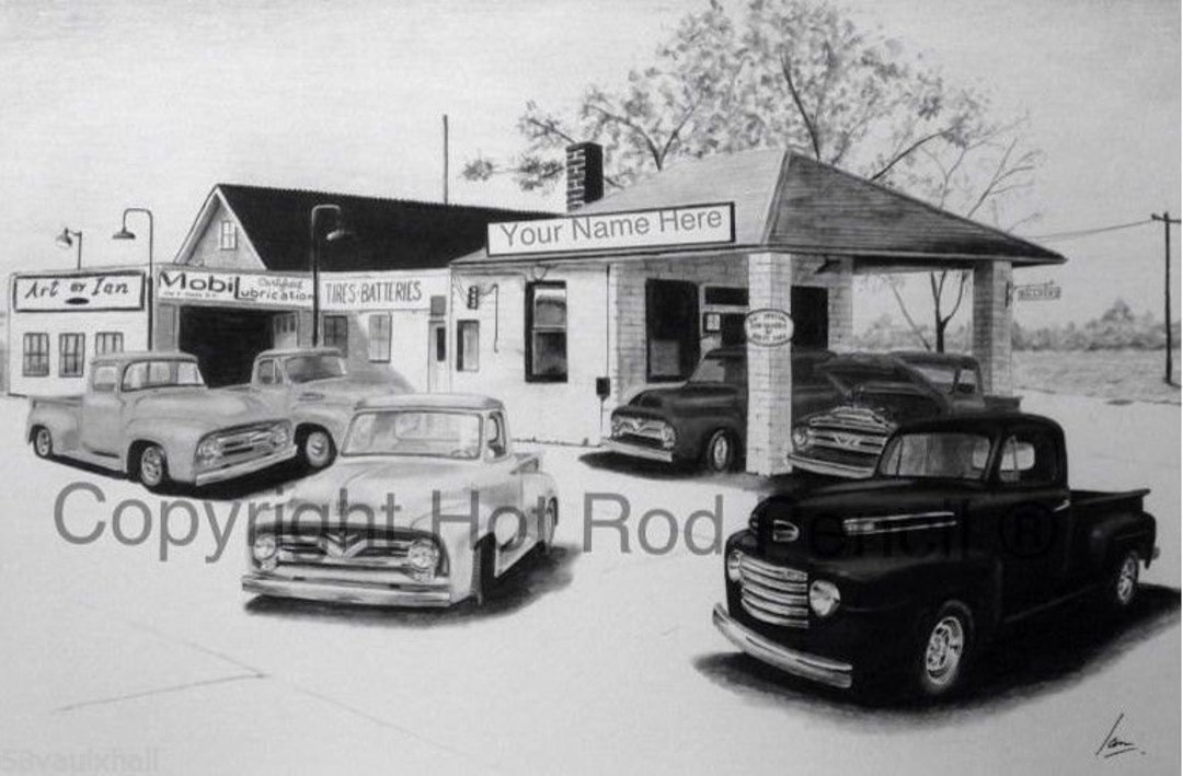 48-53-54-55-56 Ford F100 Pickup Truck Customized Pencil Drawing Print ...