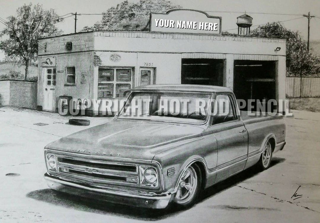 1968 Chevy C10 Pick up Truck, Garage Art, Personalized Pencil Drawing ...