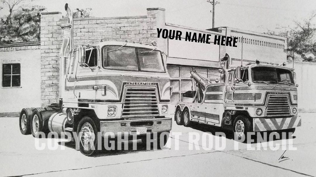 International, Cabover, Wrecker, Semi Truck, Customized Pencil Drawing ...