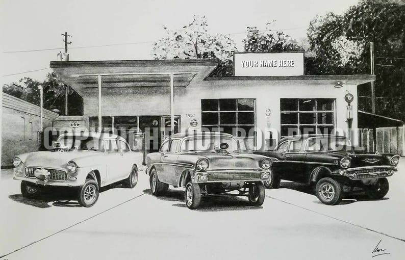 55-56-57 Chevy Bel Air Gasser Personalized Pencil Drawing Print - Etsy