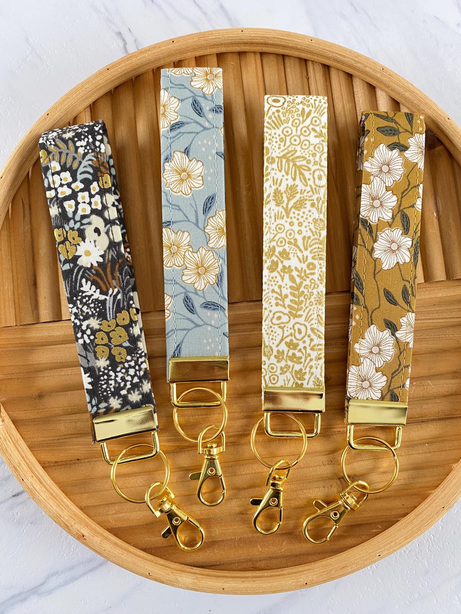 Floral Wristlet Keychain, Gold Key Fob Wristlet for Her, Fabric ...