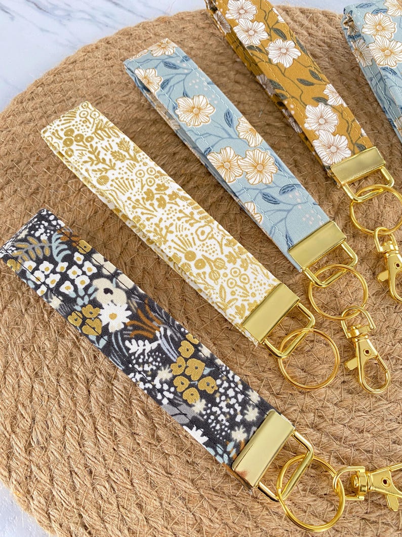 Floral Wristlet Keychain, Gold Key Fob Wristlet for Her, Fabric ...