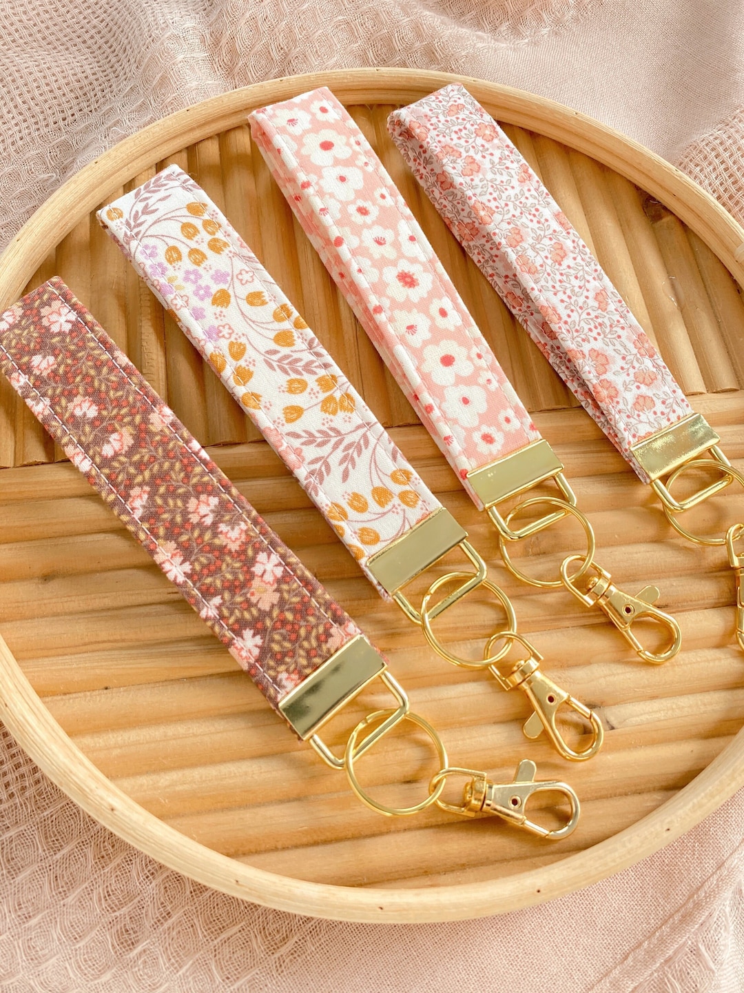 Pink Boho Wristlet Keychain, Gold Key Fob Wristlet, Keychain Wristlet ...