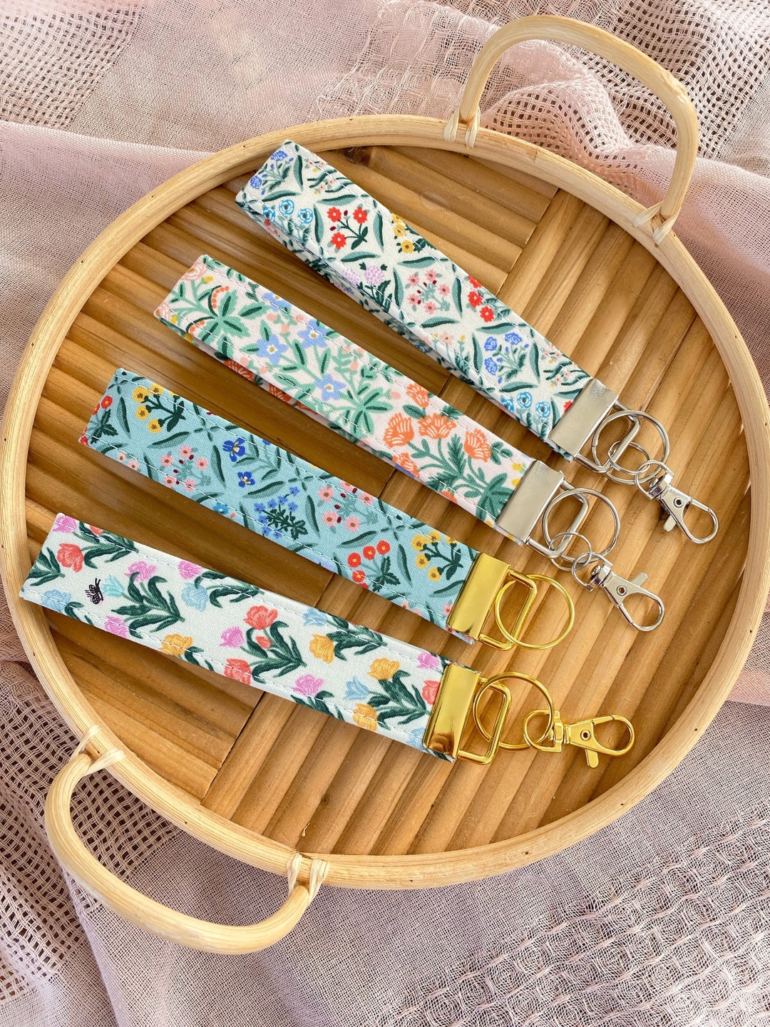 Rifle Paper Co Floral Wristlet Keychain, Gold Key Fob Wristlet ...