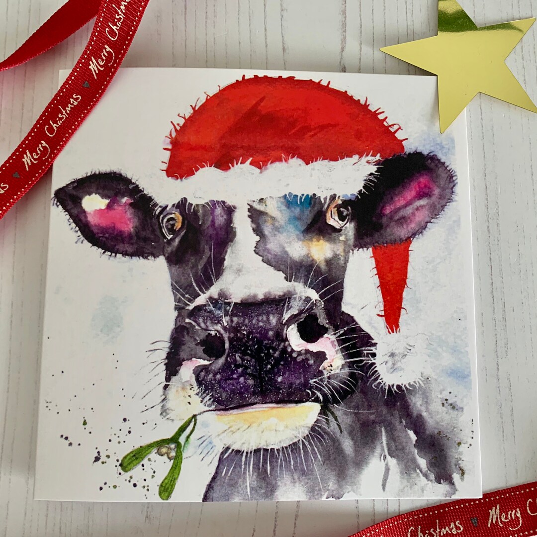 Christmas Cow Card Fun Festive Card Art Card Illustrated Card Moo Cow ...