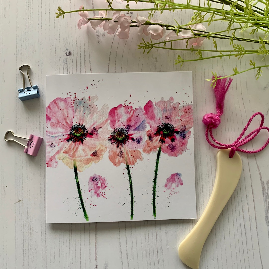 Pink Poppies Greetings Card 080 Floral Card Watercolour Card Poppies ...