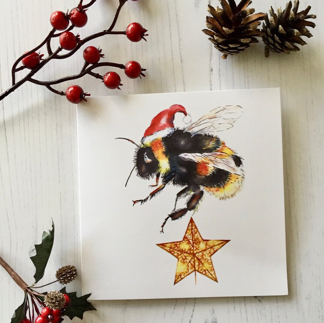 Bee Christmas Card 171 Bee With Santa Hat Card Watercolour Traditional ...