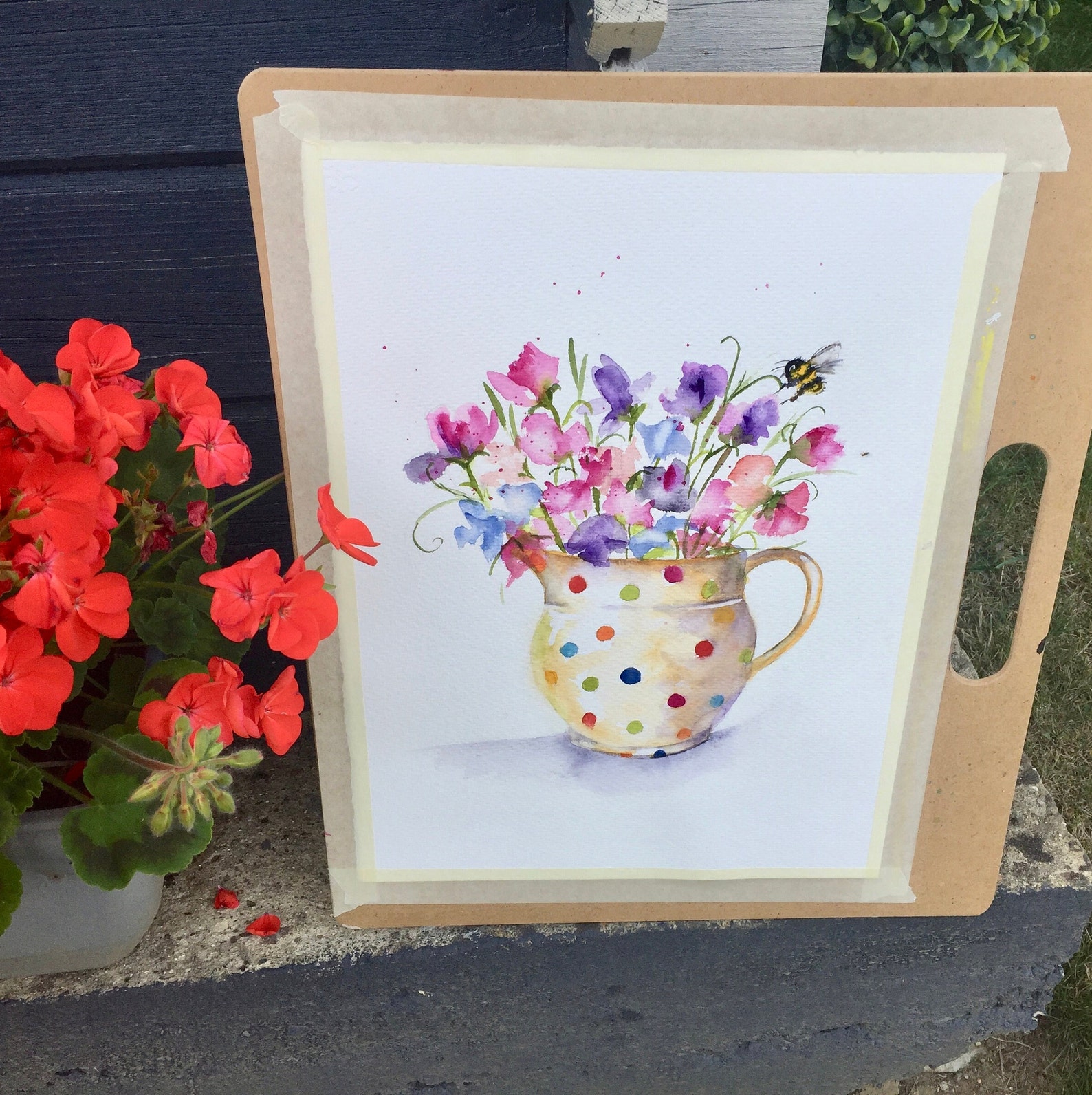 Sweet Peas Watercolour Painting: Original Floral Art in Spotty Pot ...