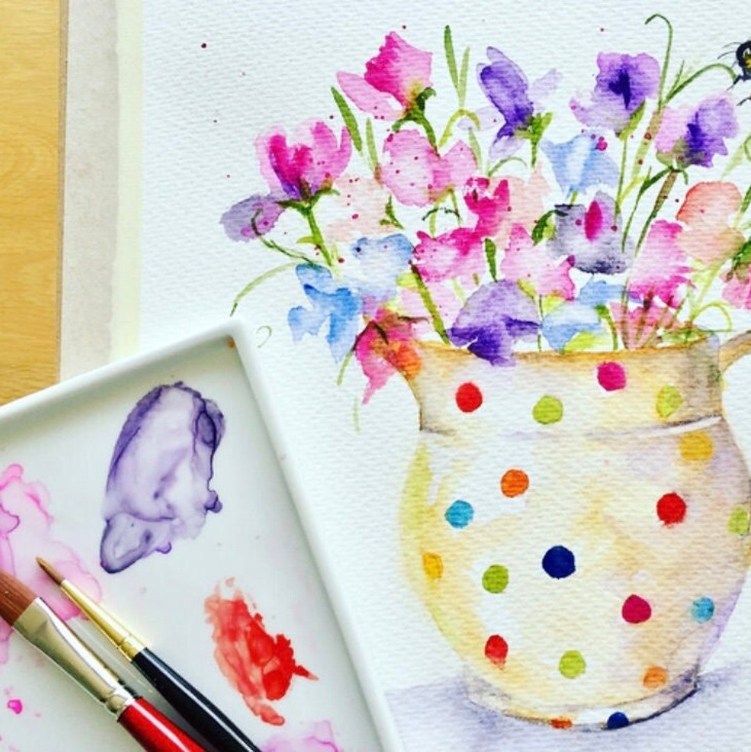 Sweet Peas Watercolour Painting: Original Floral Art in Spotty Pot ...