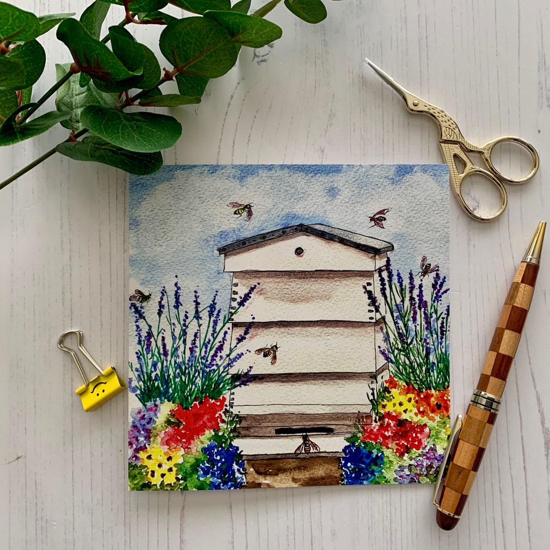 Bee Hive Card 247 Floral Card Watercolour Card Blank Inside Birthday ...