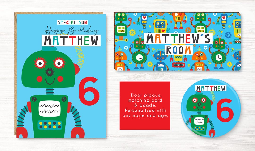 Personalised Robot Wooden Bedroom Door Sign, Matching Card and Badge ...
