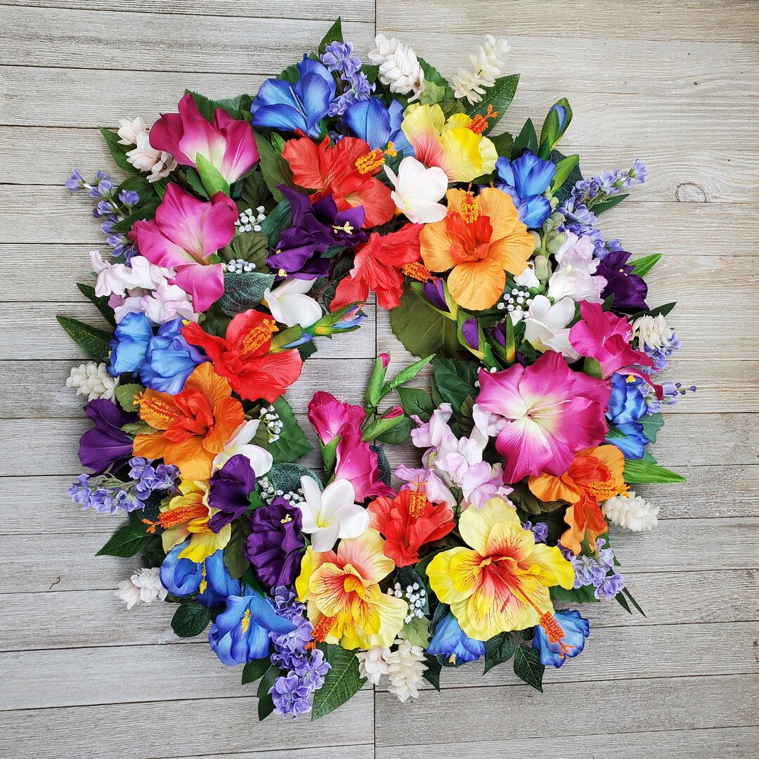 Tropical Wreath Hawaiian Hibiscus Flowers 20 Inches Gladiolas Yellow ...