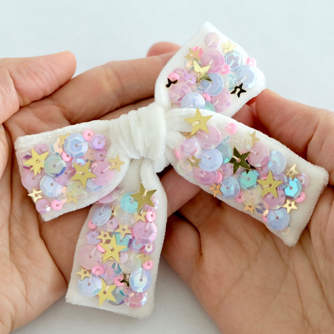 Sequin Hair Bow With Stars - Pastel Blue and Pink Velvet Hair Bow - Bow ...