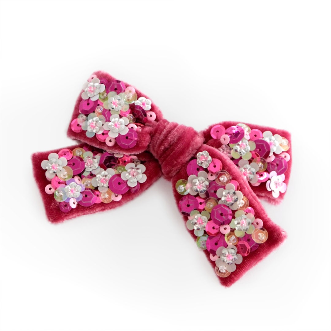 Ruby Red Velvet Hair Bow With Flower Sequin for Girls - Large, Medium ...
