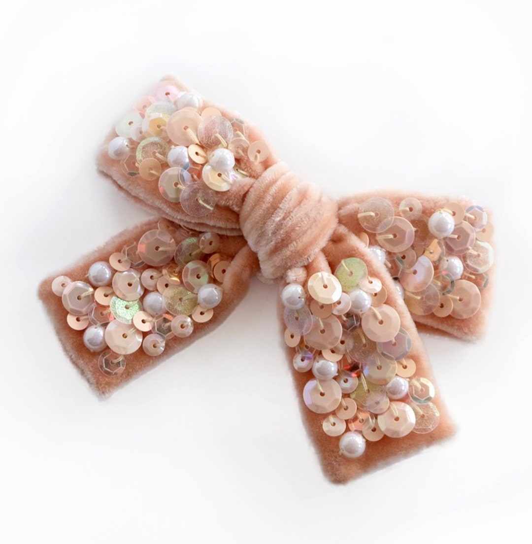 Sequin Hair Bow With Pearls - Velvet Hair Bow in Peach Color - Hair Bow ...