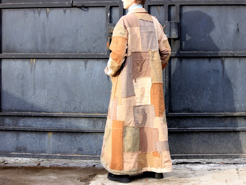 Yellow Patchwork Long Ripped Denim Coat, Art Jeans Robe, Unisex ...