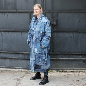 Long Patchwork Jeans Coat, Designer Art Denim Unisex Jacket, Rip Jeans ...