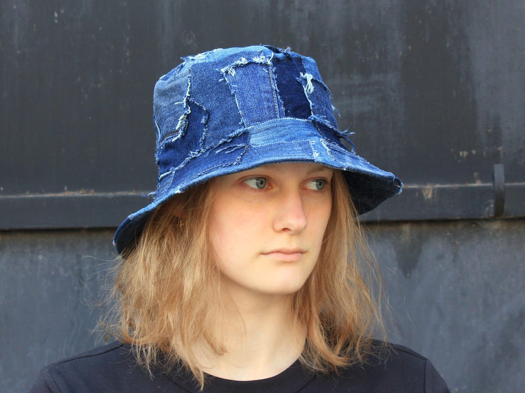 Denim Patchwork Bucket Hat 23" - 59 Cm, Ripped Dark Blue Jeans Hat ...