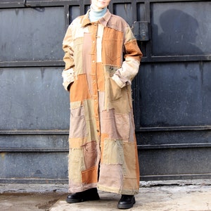 Yellow Patchwork Long Ripped Denim Coat, Art Jeans Robe, Unisex ...