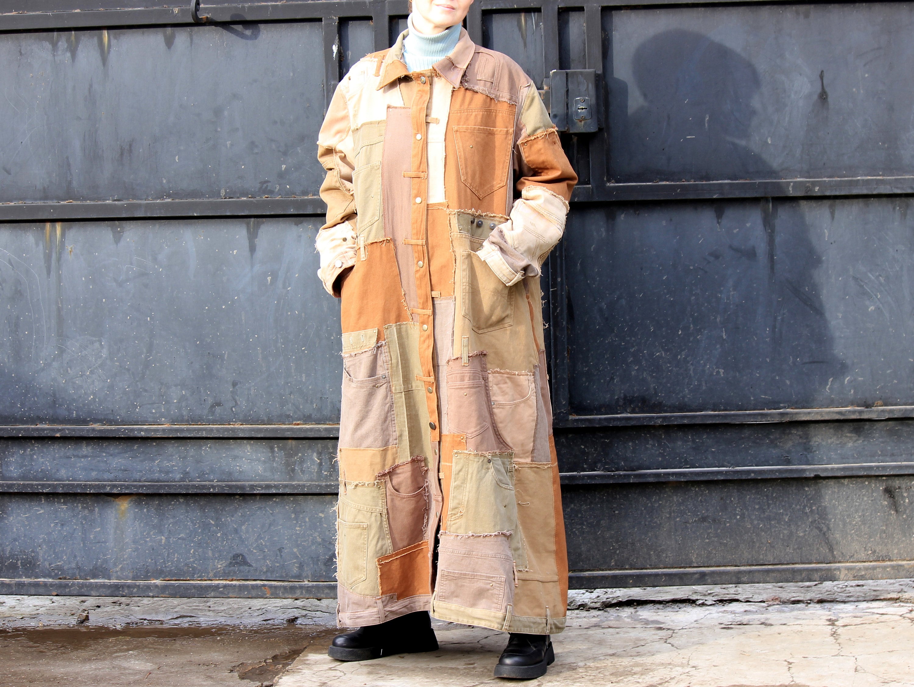 Yellow Patchwork Long Ripped Denim Coat, Art Jeans Robe, Unisex ...
