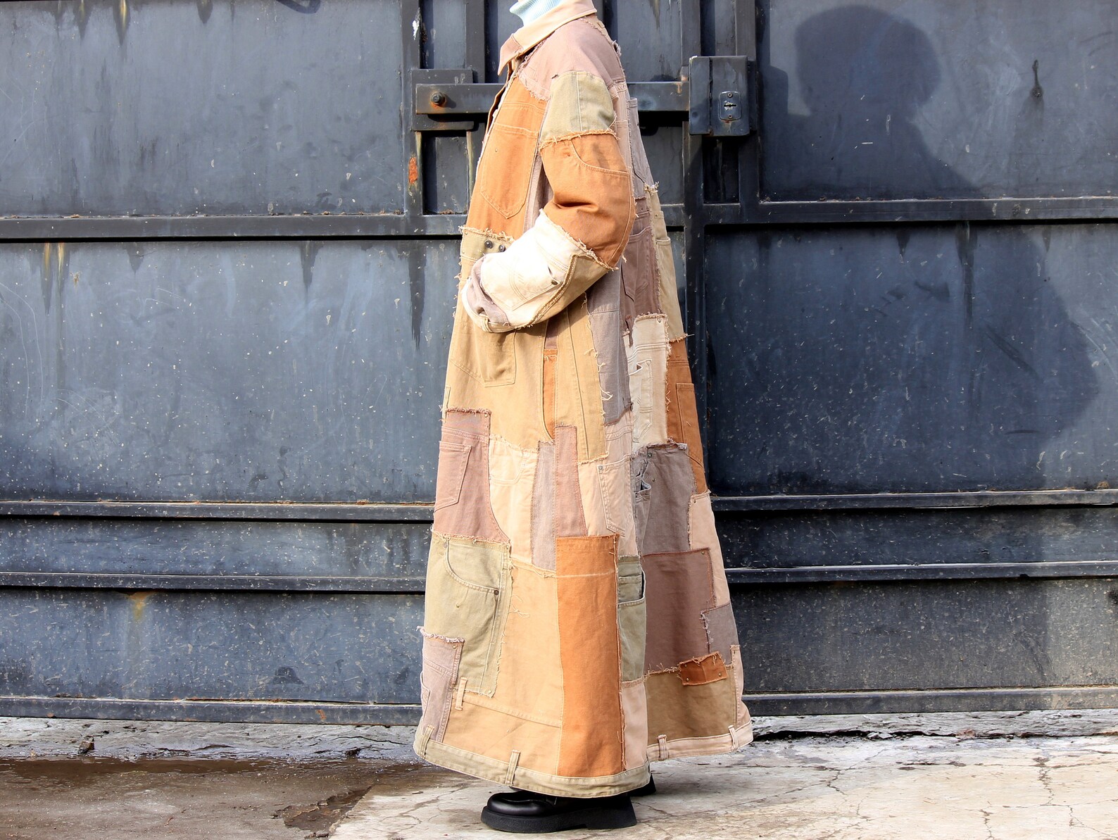 Yellow Patchwork Long Ripped Denim Coat, Art Jeans Robe, Unisex ...