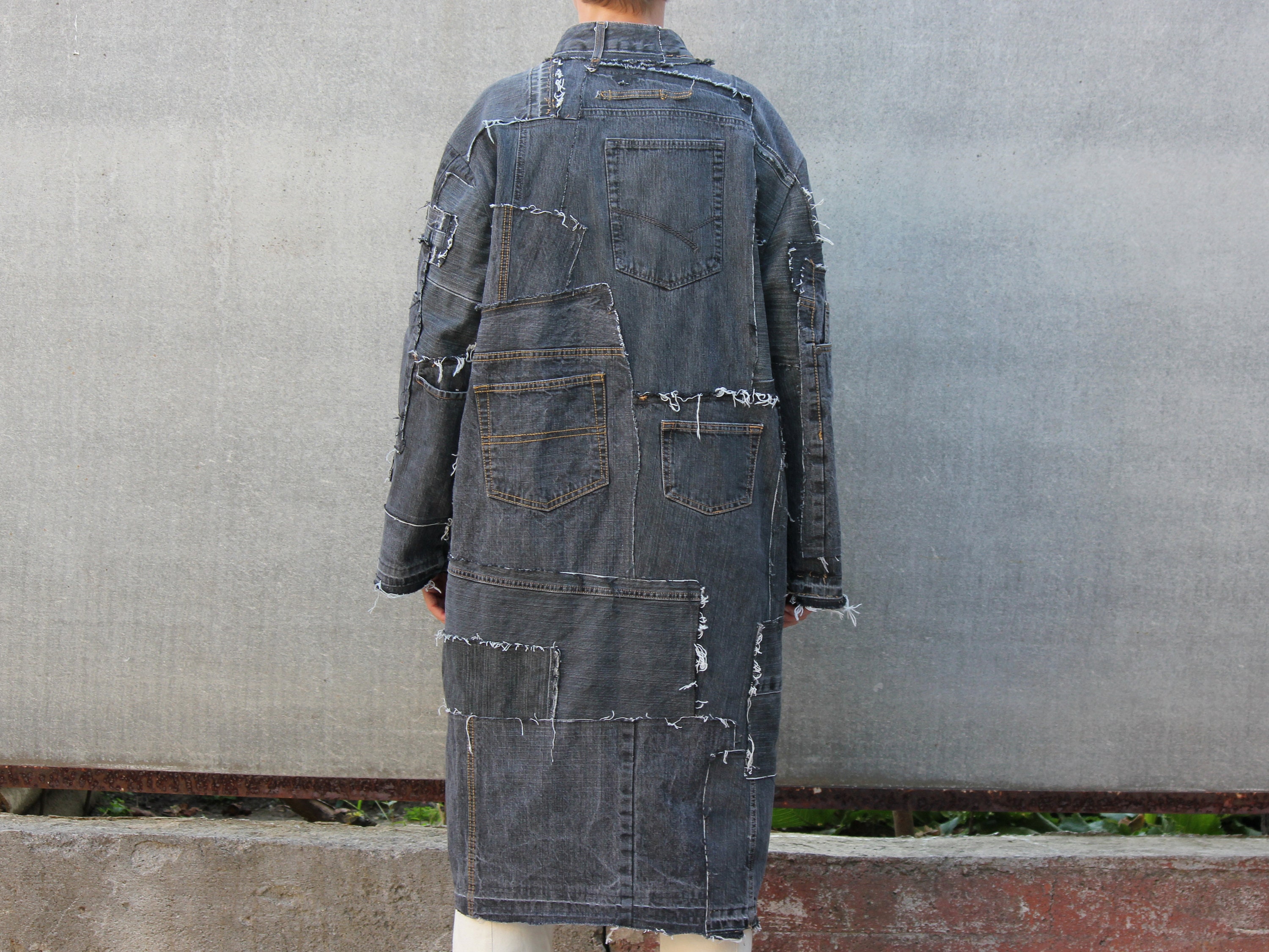 Ripped Grey Denim Coat, Oversize Jeans Robe, Unisex Distressed Cotton ...
