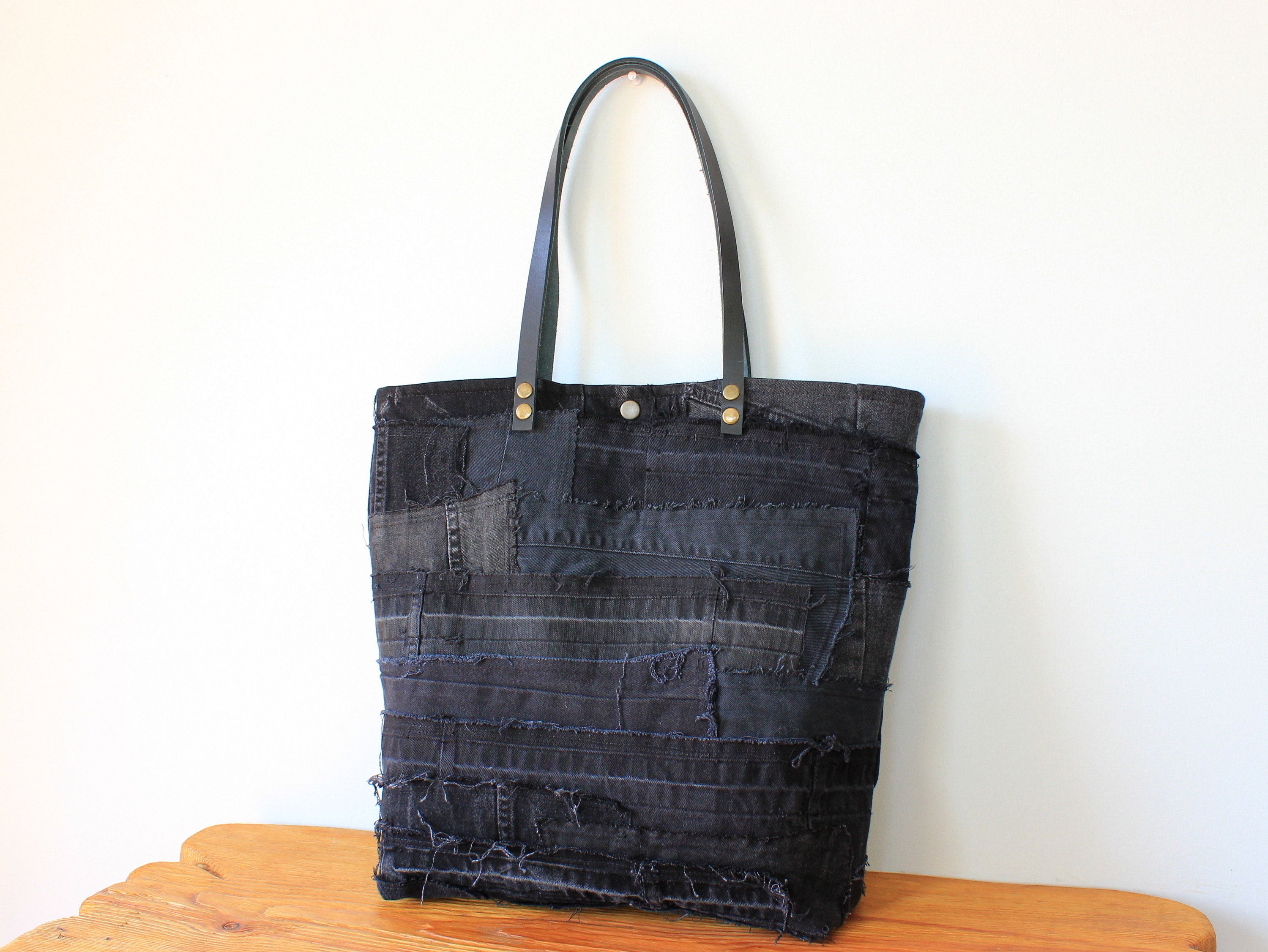 Black ripped shoulder tote bag . Large patchwork denim handbag | Etsy