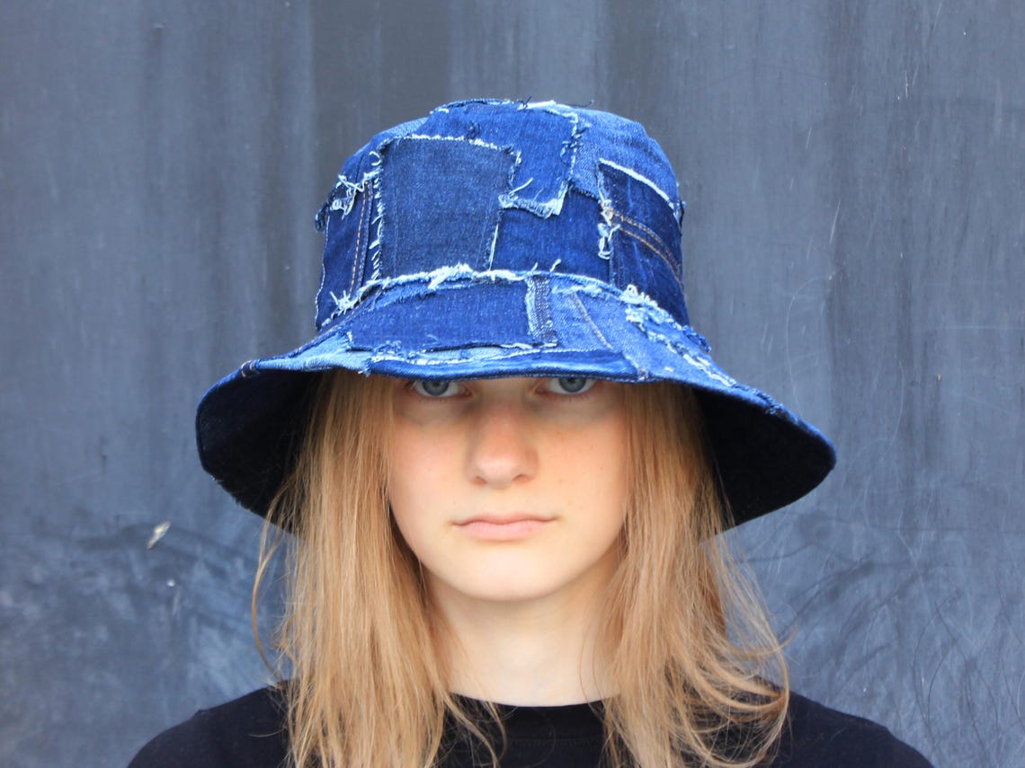 Ripped Jeans Bucket Hat 24"- 61 Cm, Patchwork Denim Hat, Distressed ...
