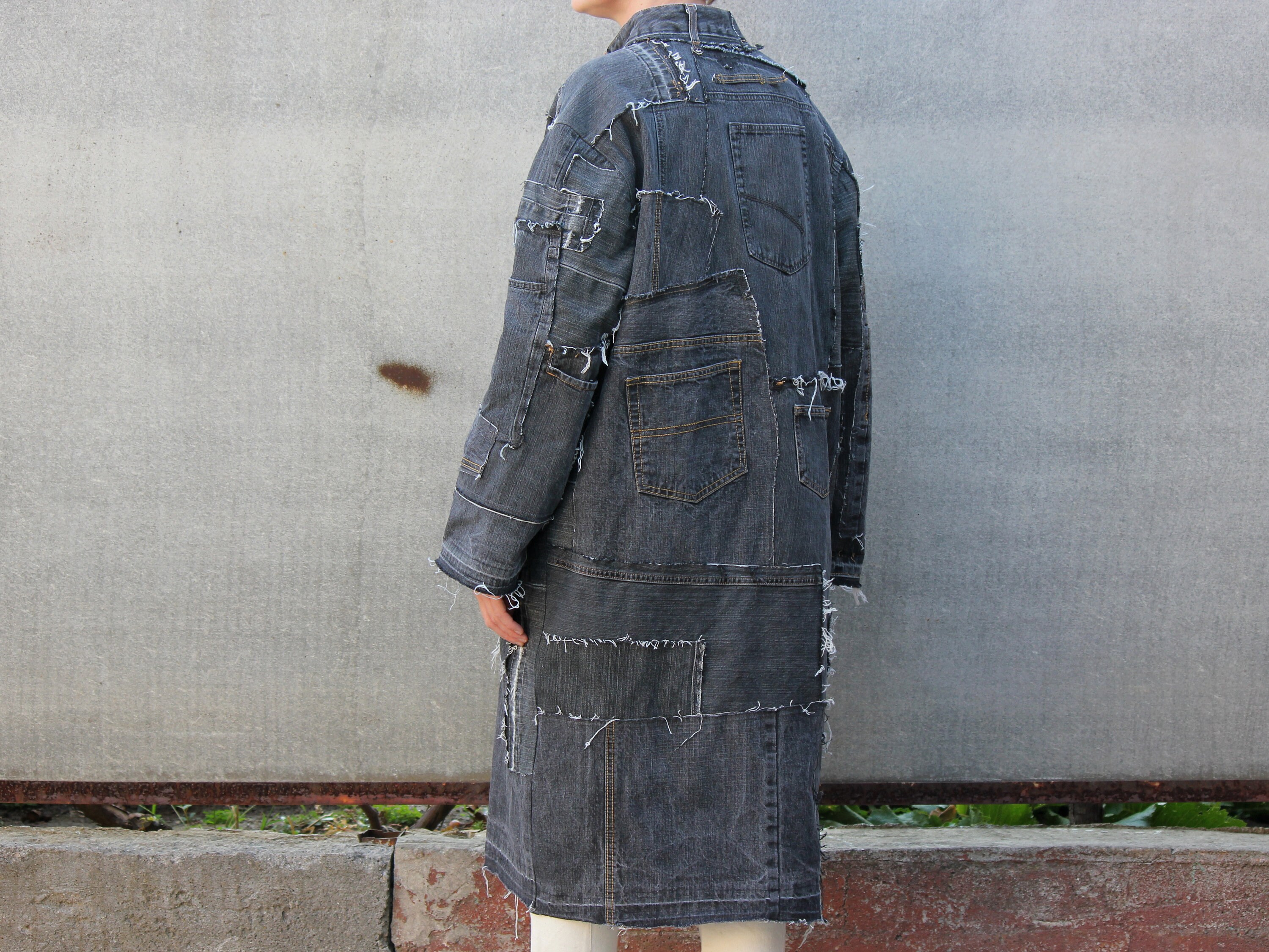 Ripped Grey Denim Coat, Oversize Jeans Robe, Unisex Distressed Cotton ...