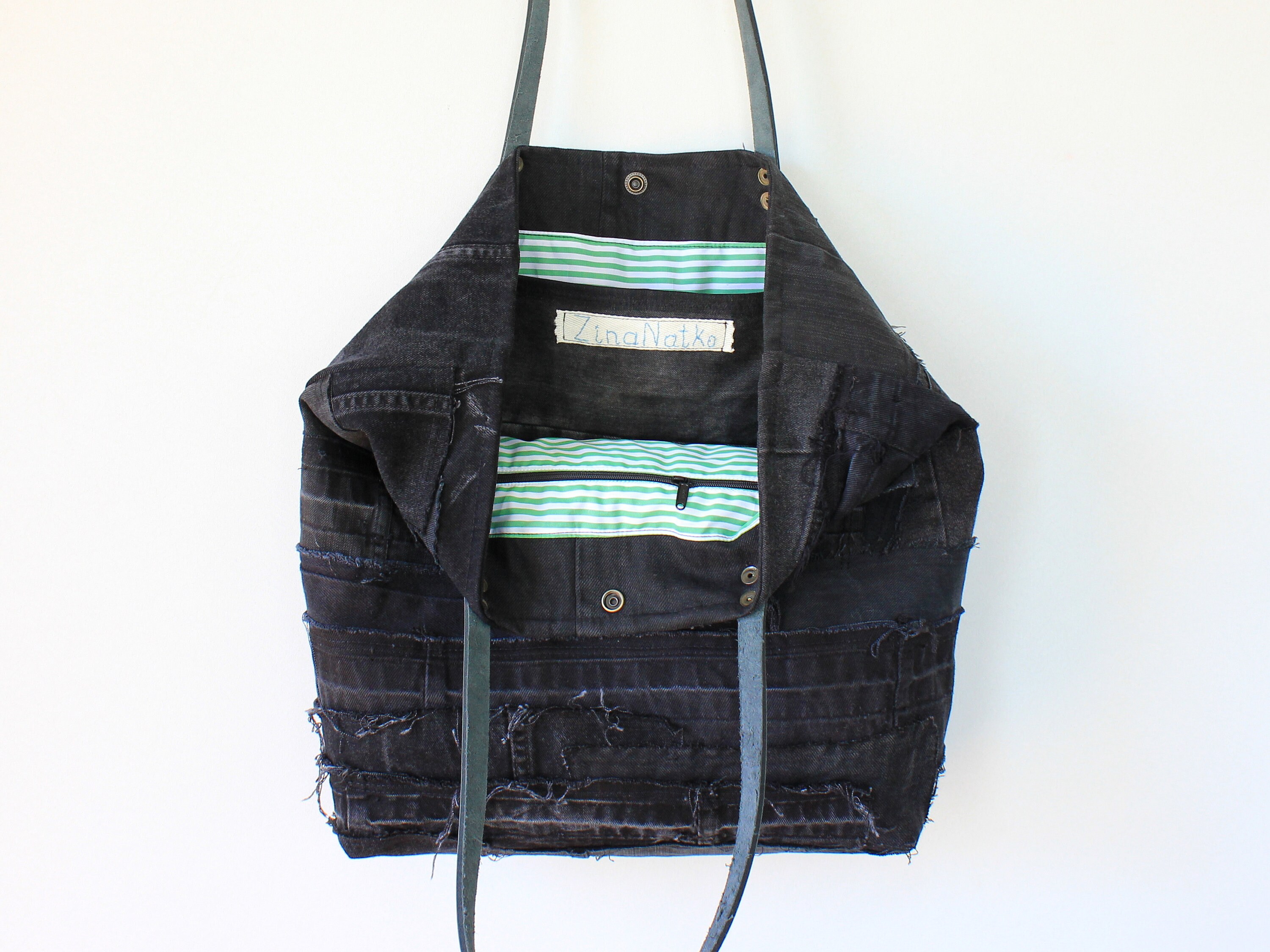 Black ripped shoulder tote bag . Large patchwork denim handbag | Etsy