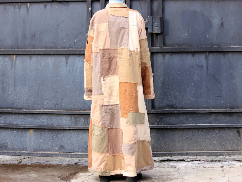 Yellow Patchwork Long Ripped Denim Coat, Art Jeans Robe, Unisex ...