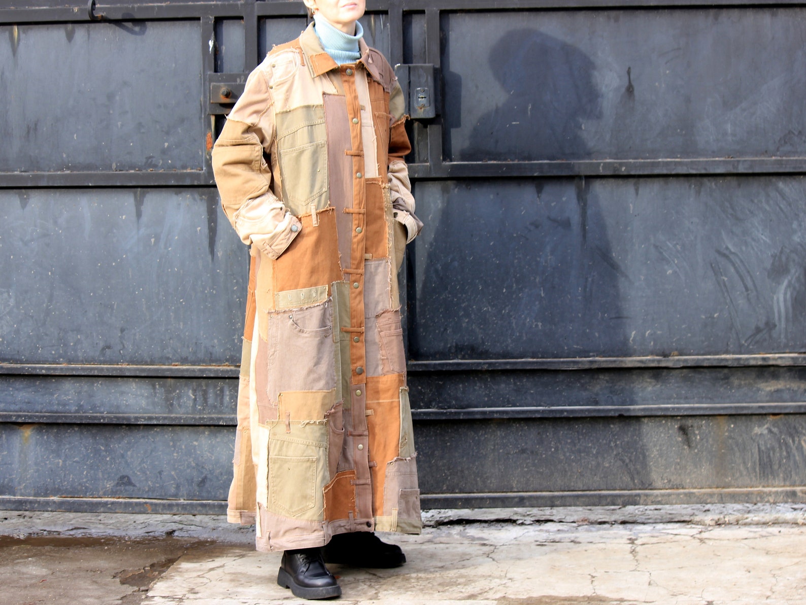 Yellow Patchwork Long Ripped Denim Coat, Art Jeans Robe, Unisex ...