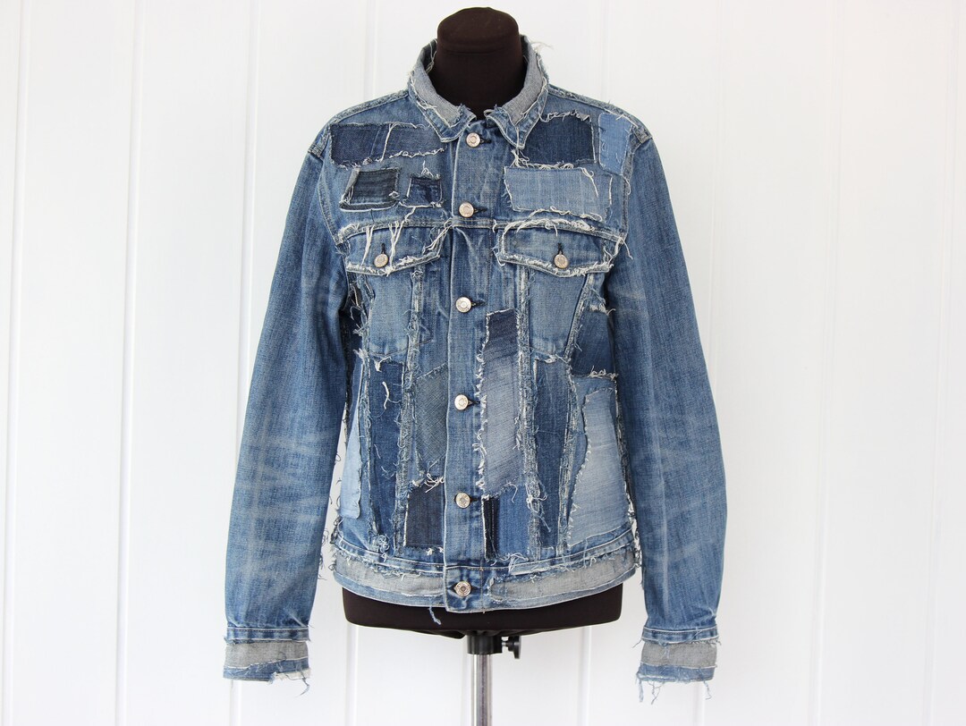 Rip Patchwork Jean Jacket, Distressed Denim Jacket, Art Denim Clothing ...