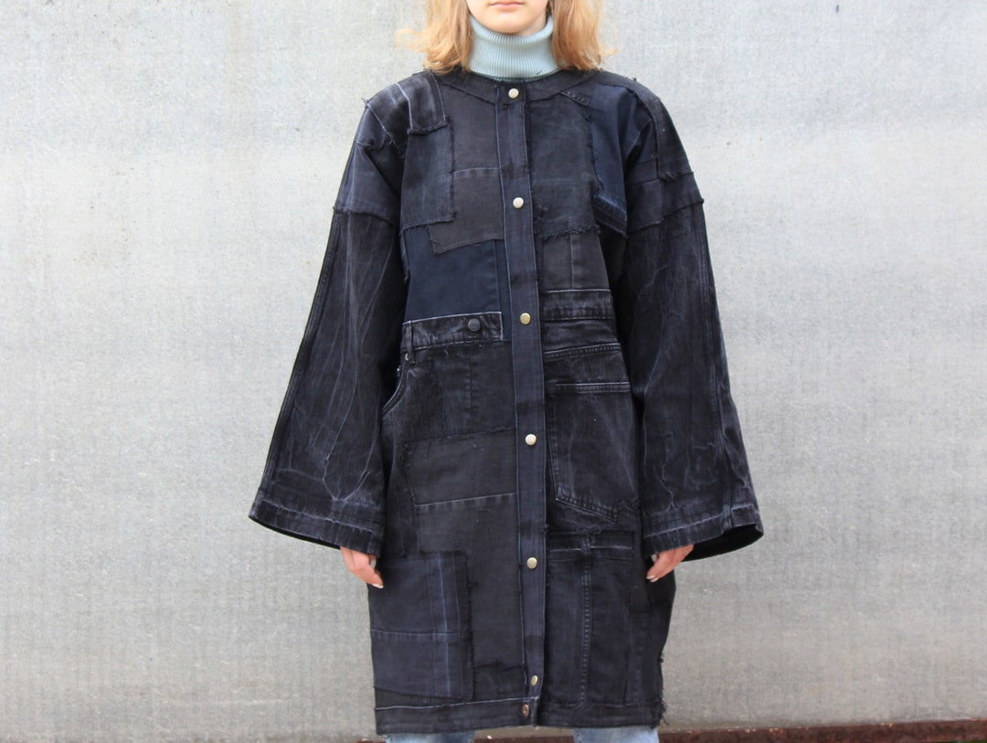 BLACK Patchwork Ripped Denim Coat, Oversize Black Robe, Unisex ...