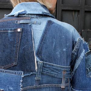 Long Patchwork Jeans Coat, Designer Art Denim Unisex Jacket, Rip Jeans ...