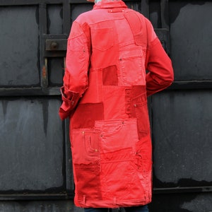 Red Patchwork Ripped Denim Coat, Art Jeans Robe, Unisex Distressed Jean ...
