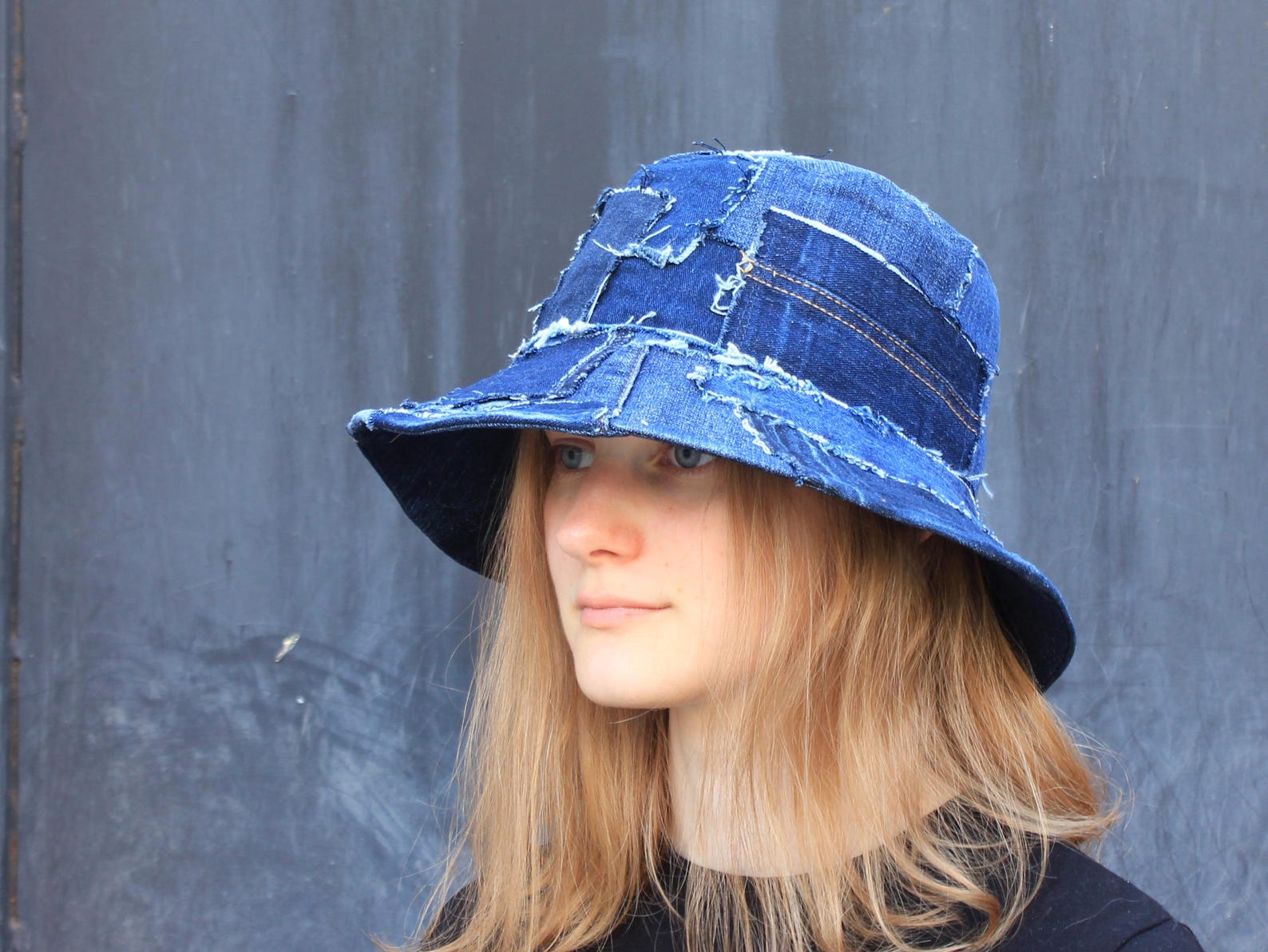 Ripped Jeans Bucket Hat 24"- 61 Cm, Patchwork Denim Hat, Distressed ...