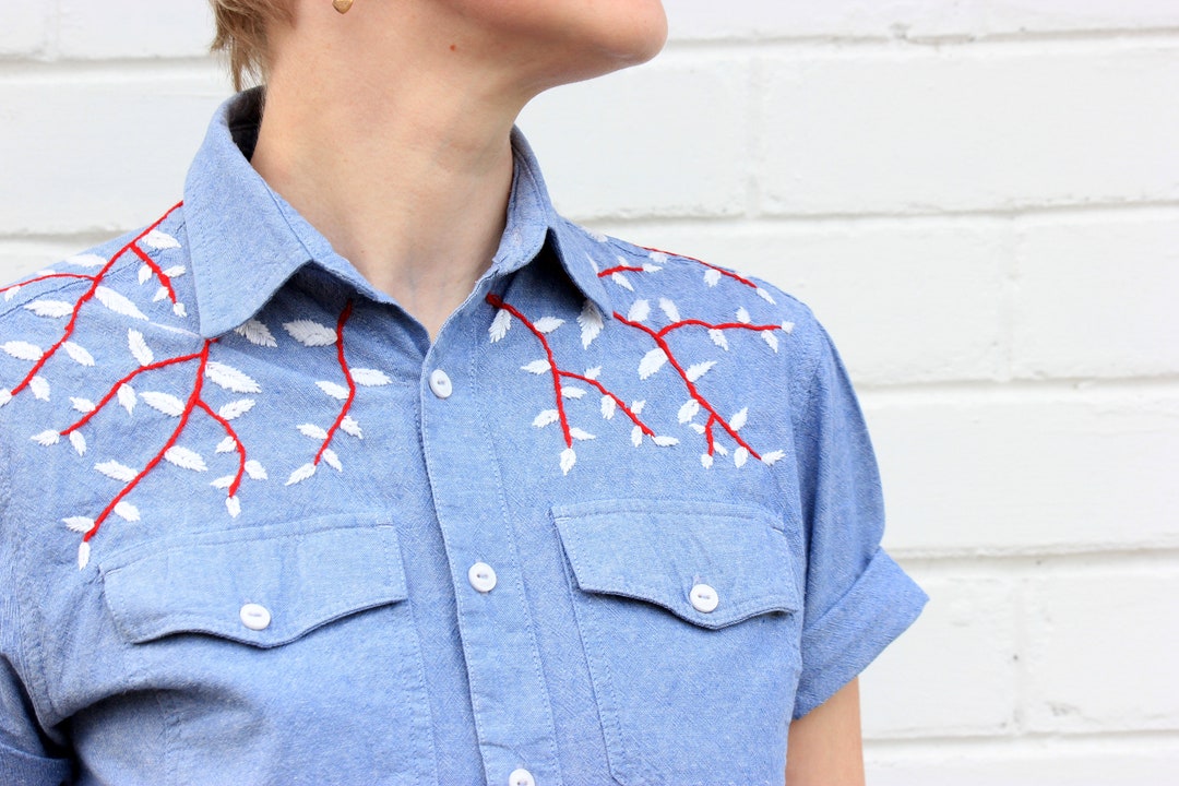 Hand Embroidered Blue Floral Shirt, Hand Stitched Blouse for Woman ...