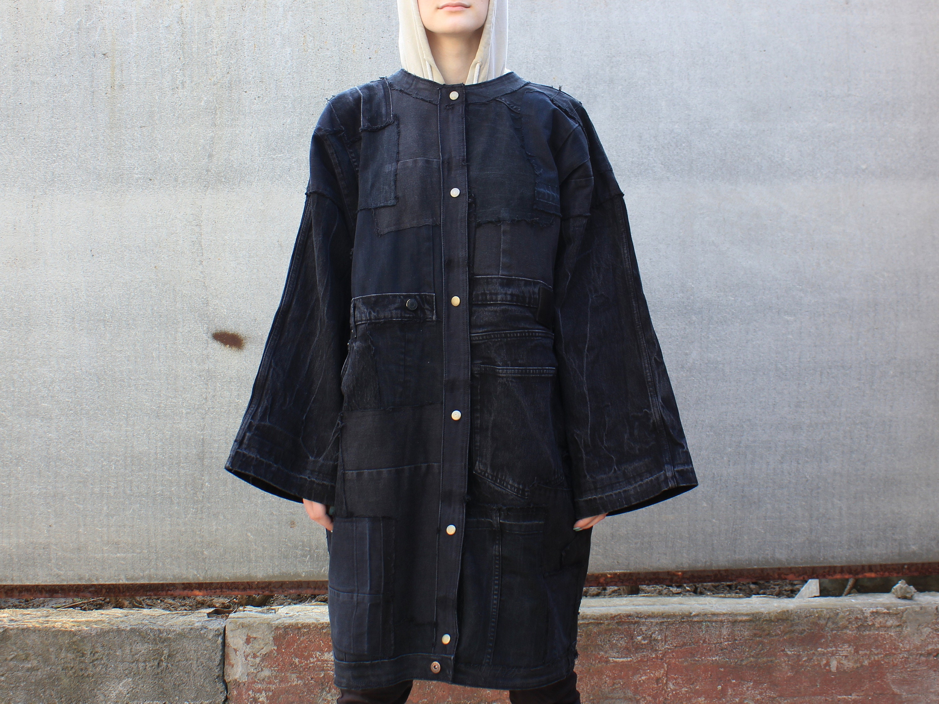 BLACK Patchwork Ripped Denim Coat Oversize Black Robe Unisex - Etsy