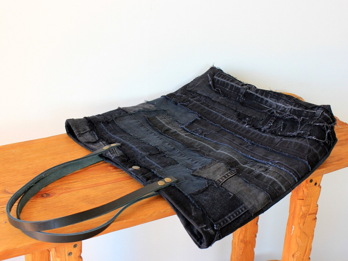 Black ripped shoulder tote bag . Large patchwork denim handbag | Etsy