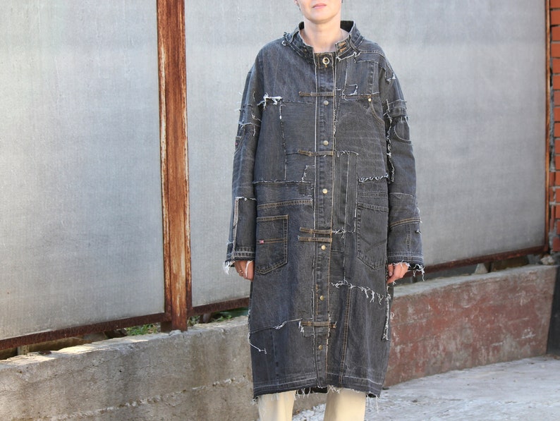 Ripped Grey Denim Coat, Oversize Jeans Robe, Unisex Distressed Cotton ...
