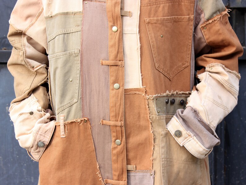 Yellow Patchwork Long Ripped Denim Coat, Art Jeans Robe, Unisex ...