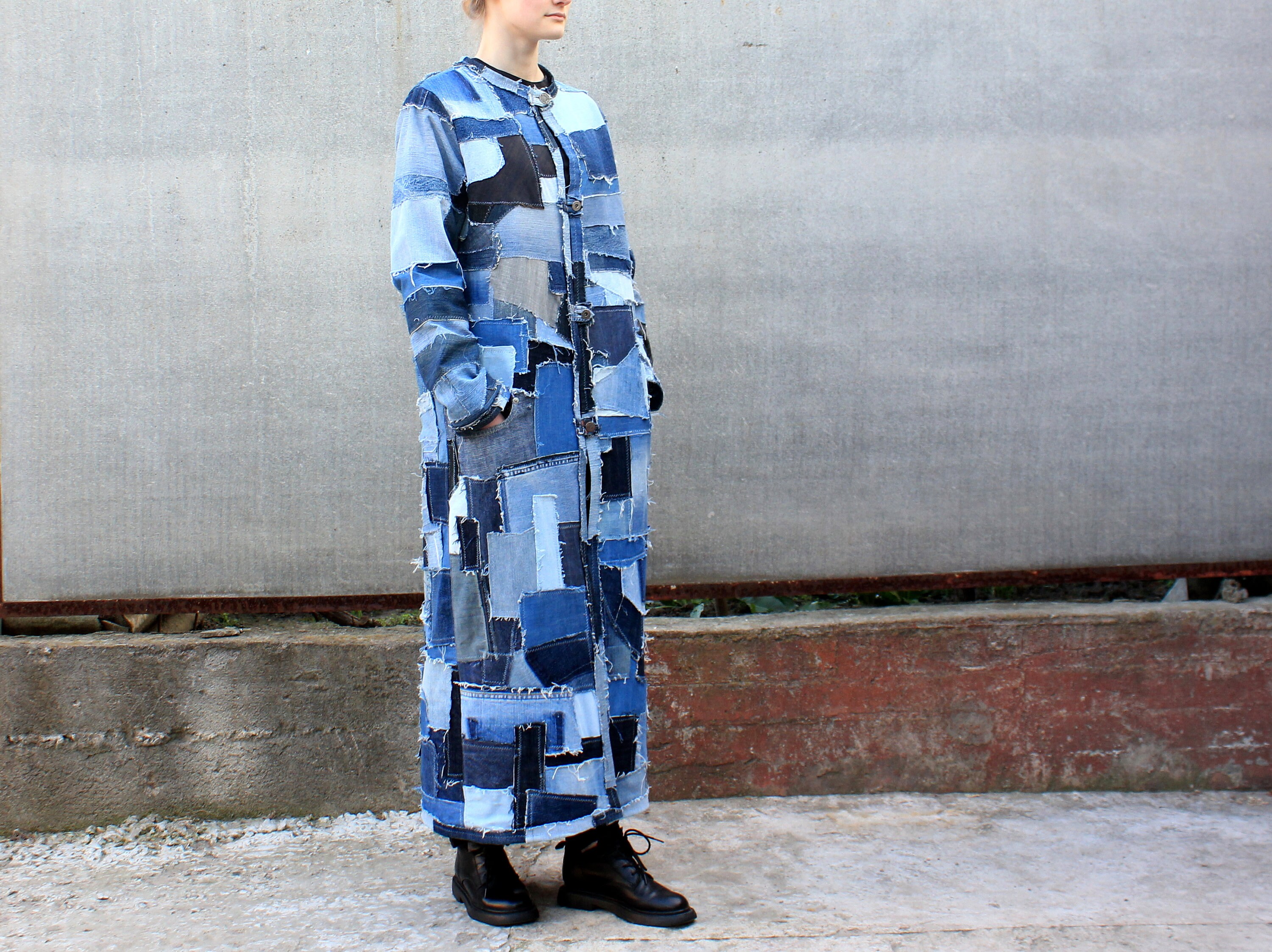 Long Patchwork Denim Coat Shades of Blue Jeans Overcoat Maxi - Etsy
