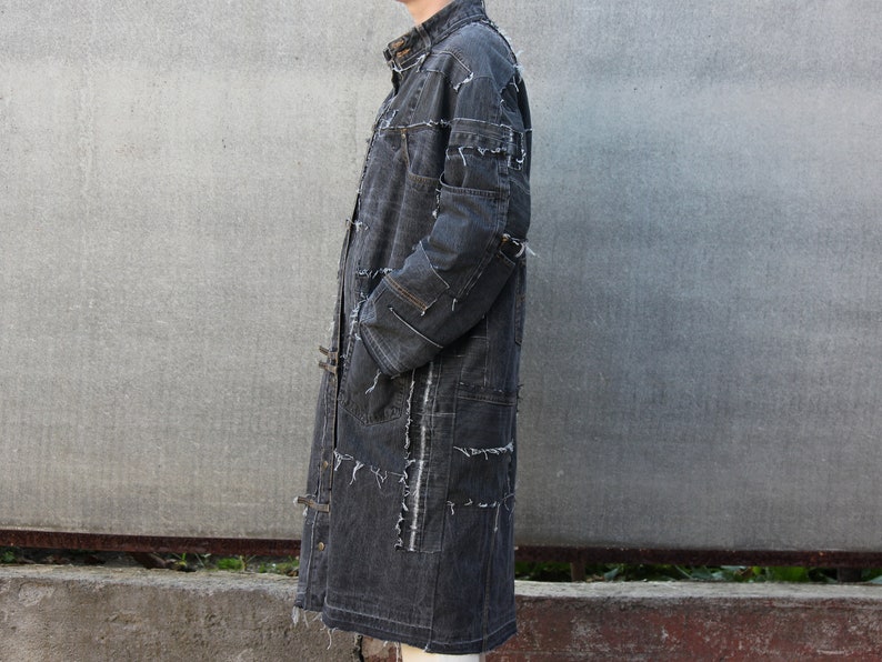 Ripped Grey Denim Coat, Oversize Jeans Robe, Unisex Distressed Cotton ...