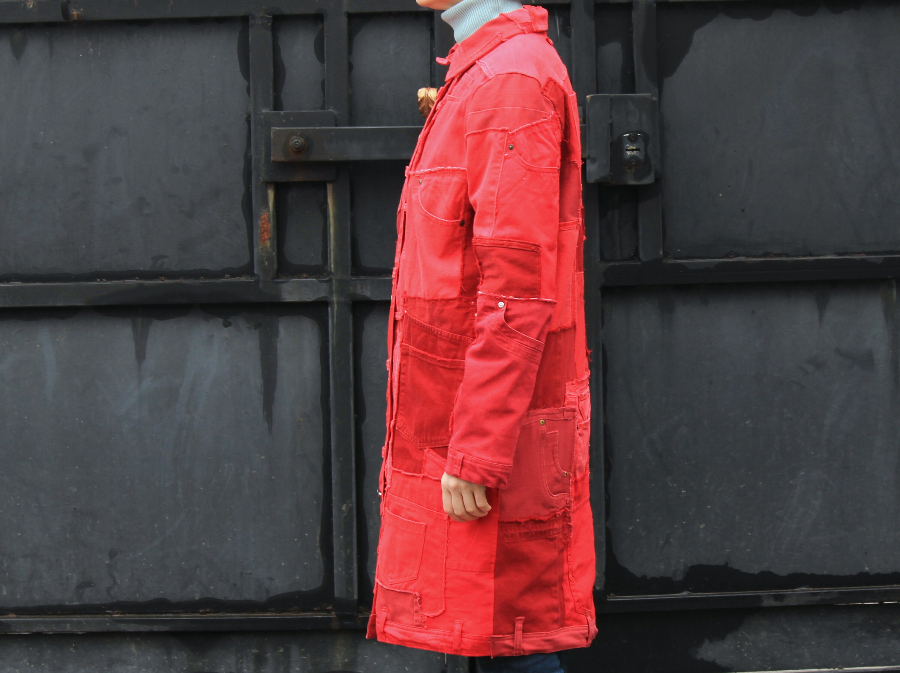 Red Patchwork Ripped Denim Coat, Art Jeans Robe, Unisex Distressed Jean ...